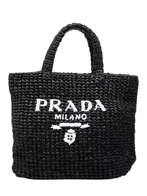 Prada Small Raffia Effect Crochet Tote Bag - Black