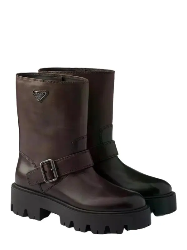 Prada Leather Logo Buckle Boots - Brown