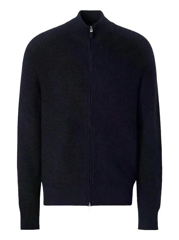 Zegna Navy Cashmere & Silk Blend Micro Jacquard Full-zip Cardigan - Blue