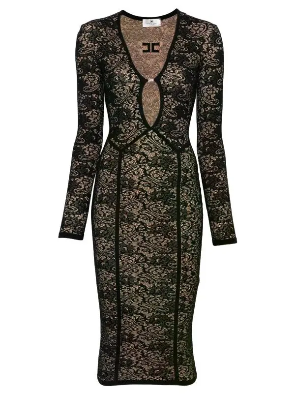 Elisabetta Franchi Lace Midi Dress With V-neck Cut-out - Black