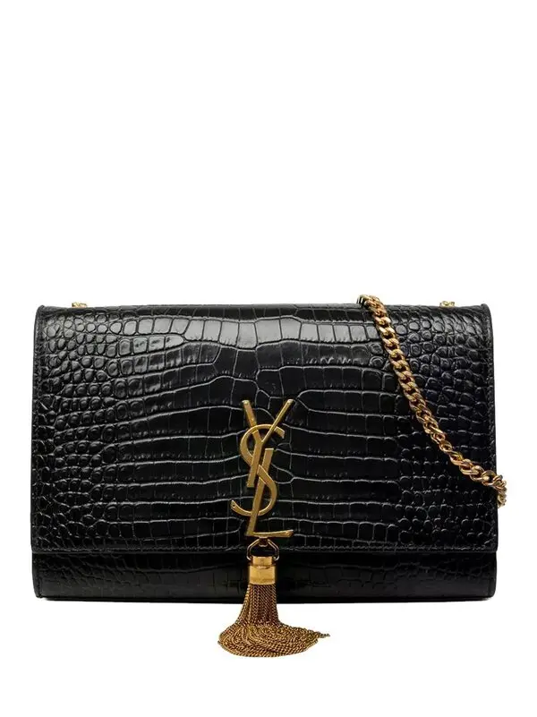 Saint Laurent 2021 Medium Croc Embossed Patent Monogram Kate Tassel Crossbody Bag - Black