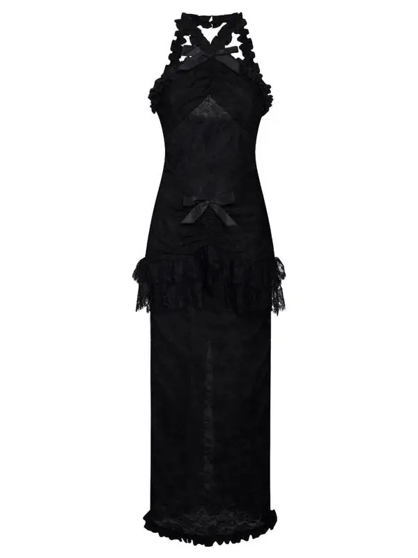 Alessandra Rich Chantilly Lace Halterneck Maxi Dress - Black
