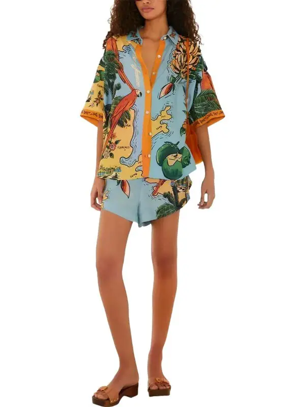 Farm Rio Multicolor Beaches Path Drawstring Shorts - Blue