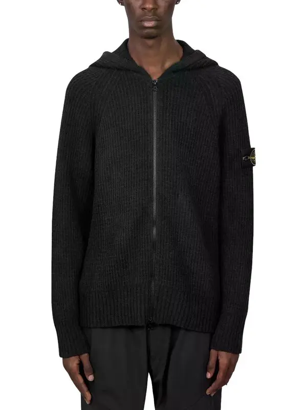 Stone Island 5100005 Full Rib Cotton Buclé Full Zip Hooded Sweater - Black
