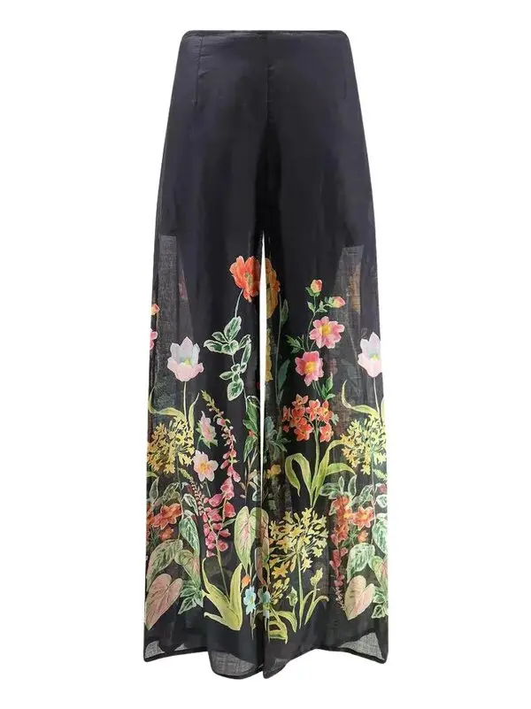 LAVI COUTURE Palazzo Pants In Ramie With Floral Print - Black