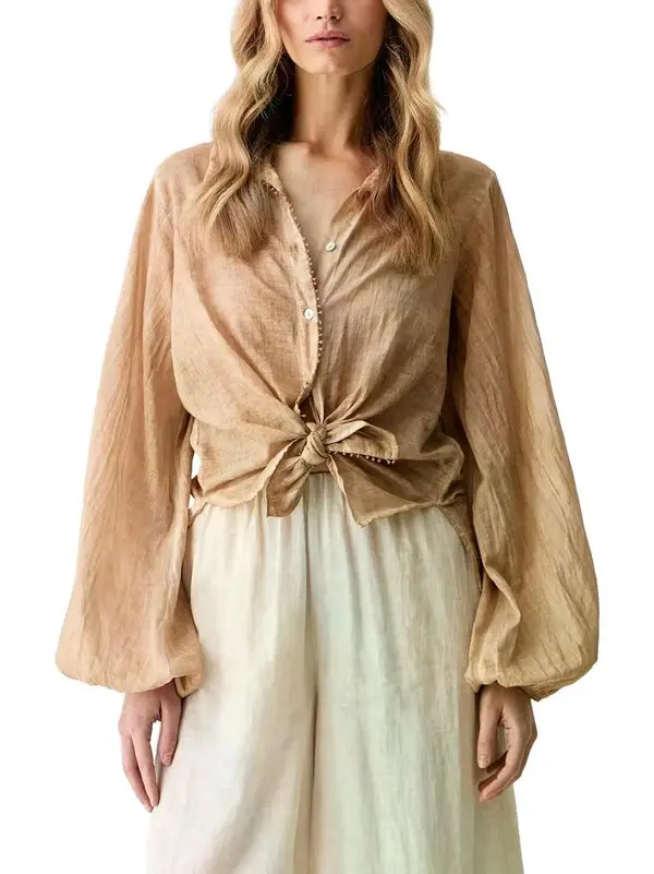 HAVEONE Balloon Sleeve Tie-front Blouse With Pom-pom Trim - Neutrals