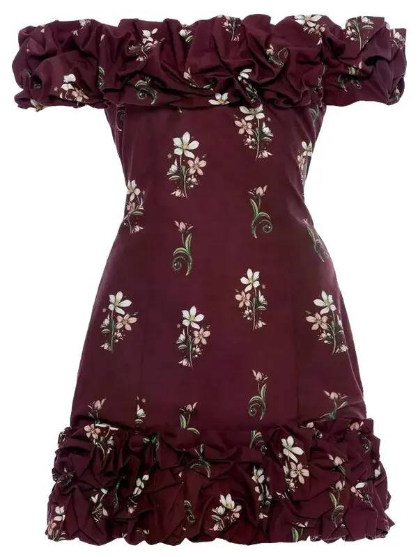 Agua Bendita Garden Night Ruffled Floral-print Mini Dress - Red