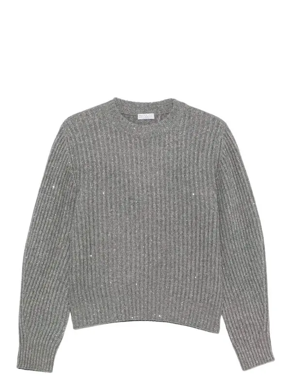 Brunello Cucinelli Sequin Embellished Ribbed Knit Crewneck Sweater - Grey
