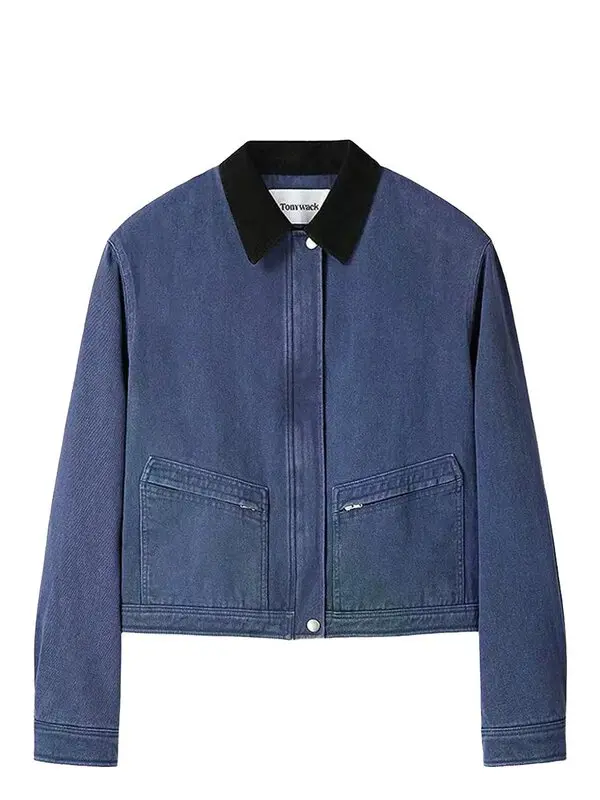 TONYWACK Corduroy Collar Cropped Denim Jacket - Blue