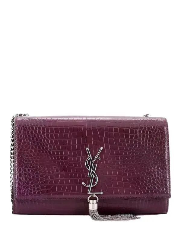 Saint Laurent Monogram Tassel Crocodile Embossed Leather Medium Crossbody Bag - Purple