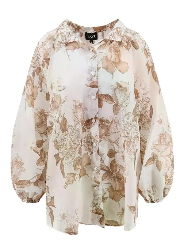 LAVI COUTURE Floral Print Puff Sleeve Shirt - White