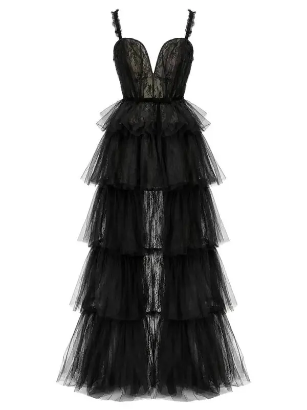 AKNVAS Tiered Lace-overlay Gown - Black