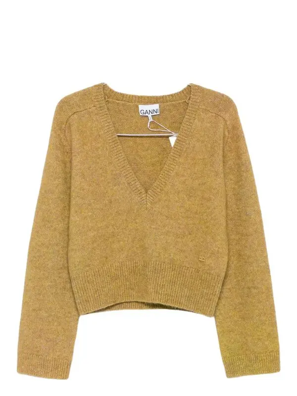GANNI Ribbed-trim V-neck Sweater - Yellow
