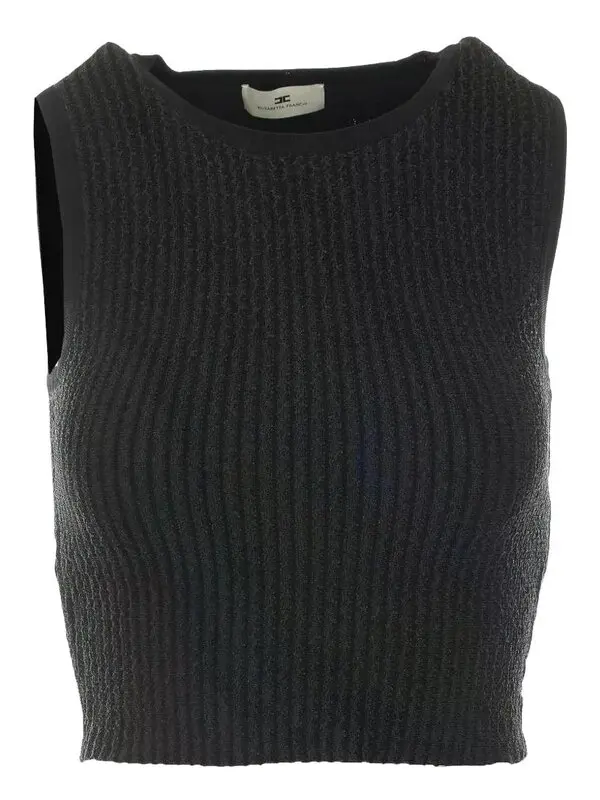 Elisabetta Franchi Ribbed Logo Patch Cropped Top - Black
