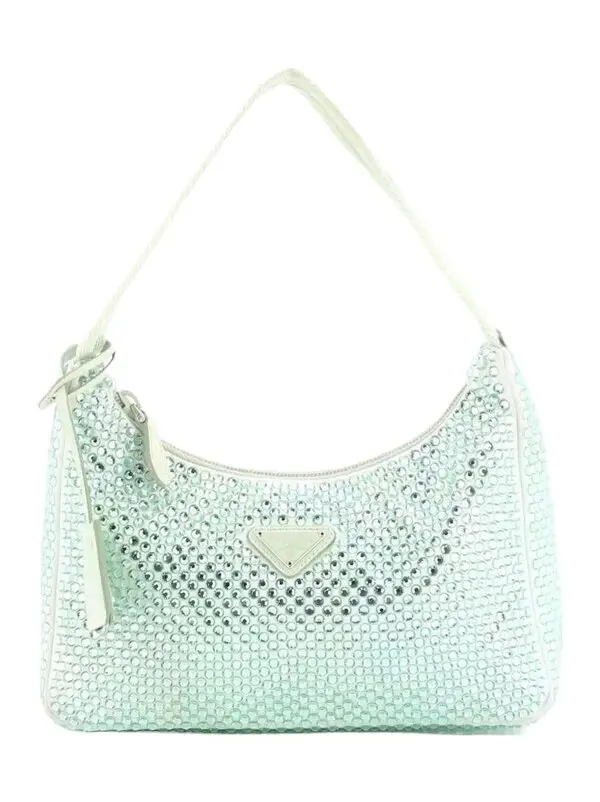 Prada Re-edition 2000 Crystal Embellished Satin Mini Hobo Bag - Green