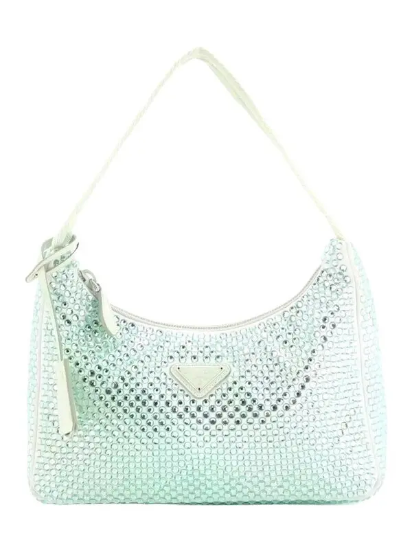 Prada Re-edition 2000 Crystal Embellished Satin Mini Hobo Bag - Green