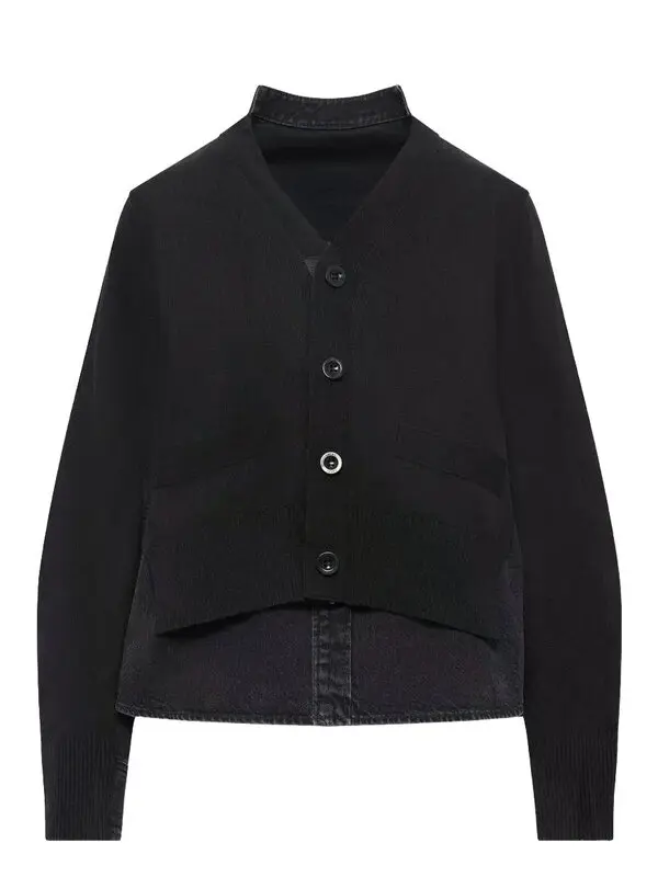 Sacai V-neck Cardigan With Denim Paneling - Black