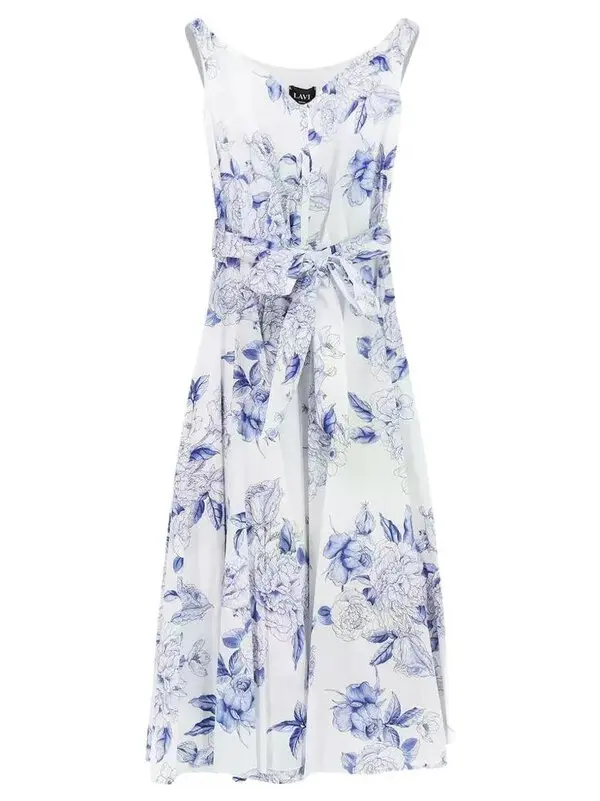 LAVI COUTURE Floral Print V-neck Sleeveless Midi Dress - White