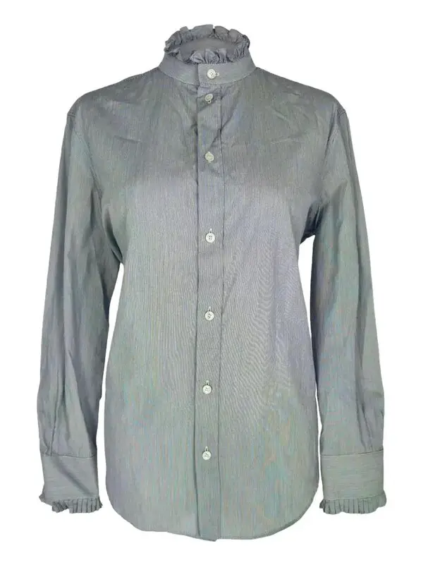 Celine Ruffled Neckline Striped Blouse - Blue