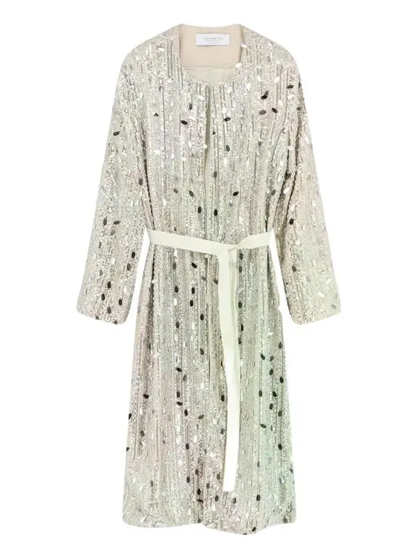 DE SANTIS Sequin-embellished Belted Coat - Silver
