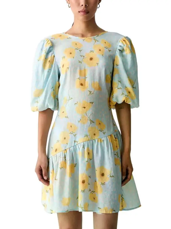 NEVER FULLY DRESSED Floral-print Puff-sleeve Mini Dress - Blue