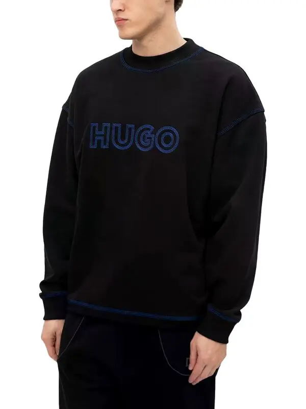 Hugo Logo Embroidered Contrast Stitch Sweatshirt - Black