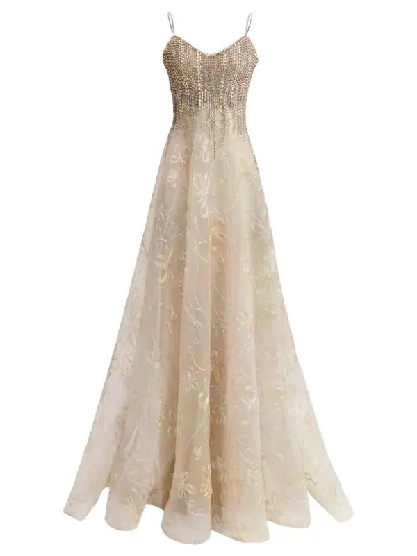 GEMY MAALOUF Embroidered Tulle Maxi Dress - Neutrals