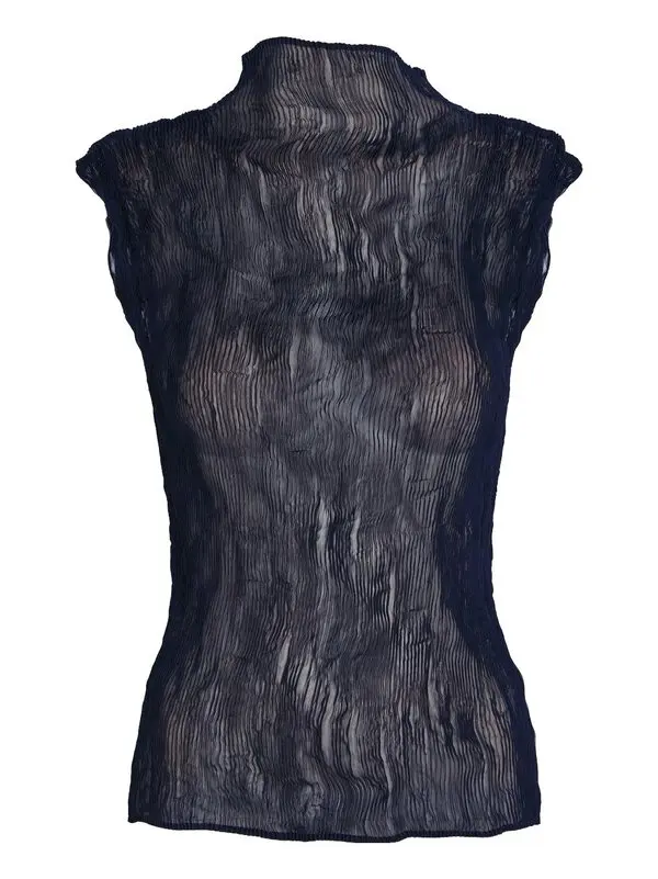 Issey Miyake Twist Pleated Semi-sheer Chiffon Top - Navy