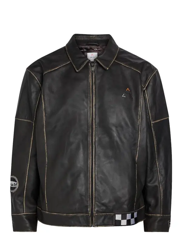 AN-Y1 Track Embroidered Leather Biker Jacket - Black