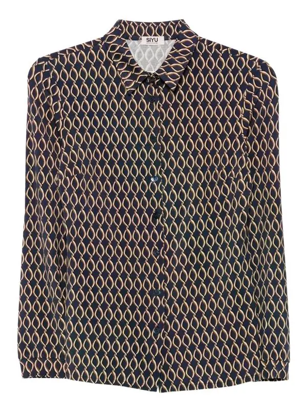 SIYU Geometric Print Long Sleeve Shirt - Blue