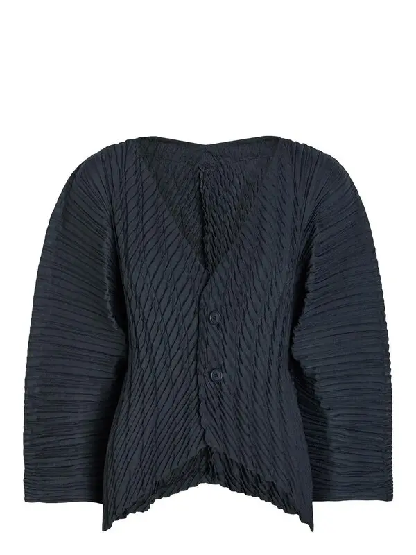 Issey Miyake Pleated Woven Cardigan With Sculpted Sleeves - Navy