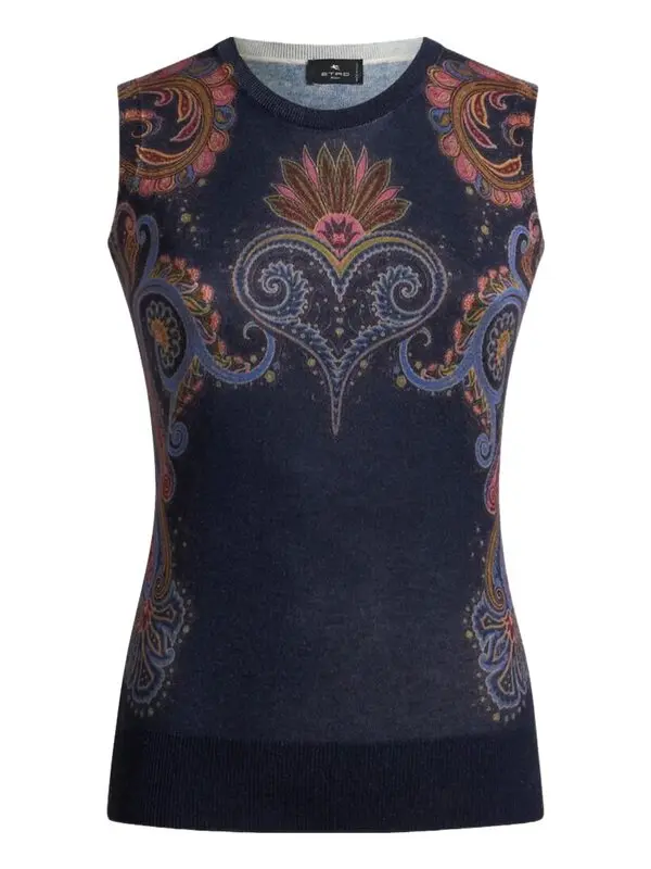 Etro Sleeveless Silk And Cashmere Top With Placed Paisley Print - Black