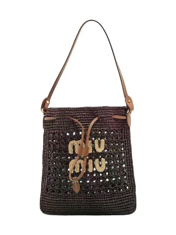 Miu Miu Mini Raffia Logo Drawstring Handbag - Brown