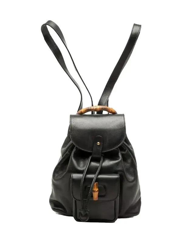 Gucci 20th Century Calfskin Bamboo Drawstring Backpack - Black