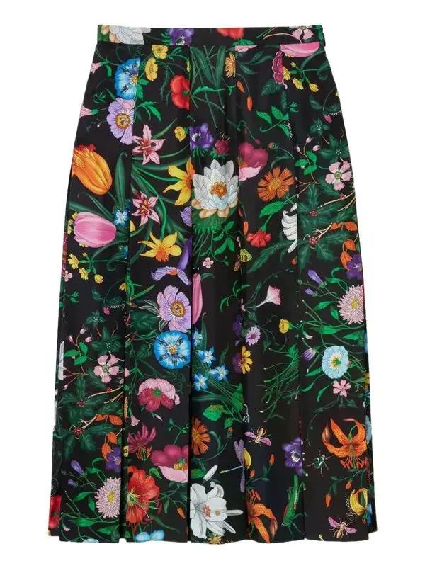 Gucci Printed Silk-twill Pleated Midi Skirt - Black