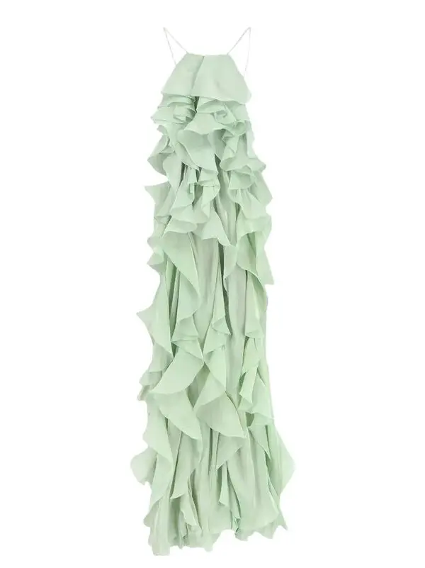 ACTUALEE Sleeveless Halter Neck Maxi Dress With Ruffled Detail - Green