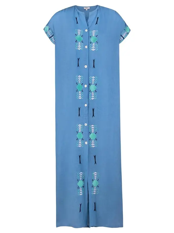 KARMA ON THE ROCKS Yuhin Embroidered Linen Maxi Dress - Blue