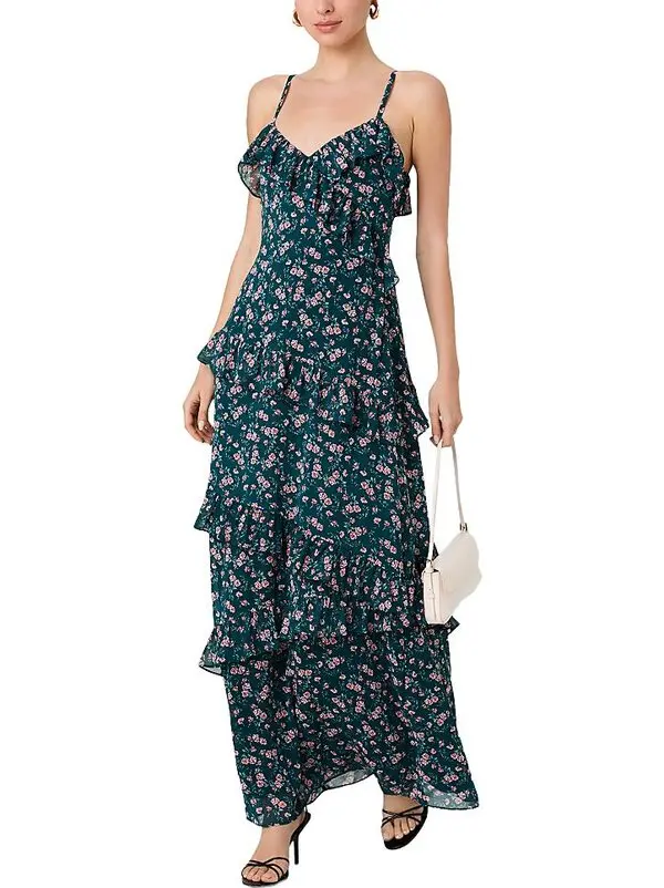 French Connection Ruffle Trim Floral Maxi Dress - Deep Teal Multi