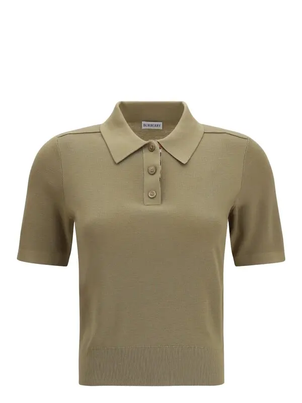 Burberry Knit Polo With Check Trim - Khaki