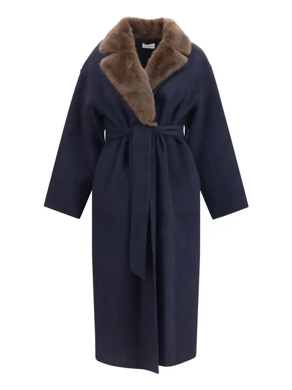P.a.r.o.s.h Wool Coat With Fur Collar And Belt - Blue