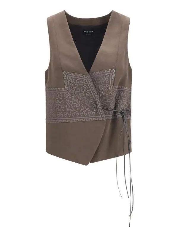 Giorgio Armani Sleeveless Vest In Silk And Virgin Wool With Jacquard Pattern - Brown