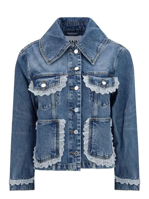GANNI Rigid Denim Jacket With Lace Details - Blue