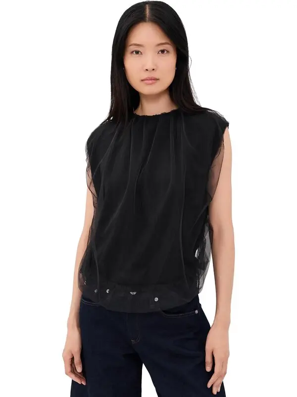 MEIMEIJ Sleeveless Tulle Jewel Neck Top - Nero