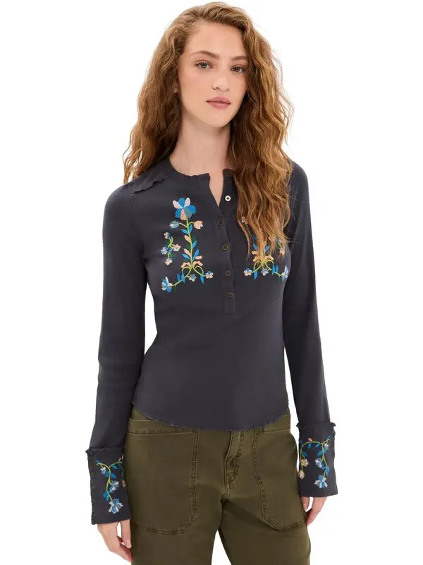 Free People Fleur Embroidered Tee - Graphite Combo