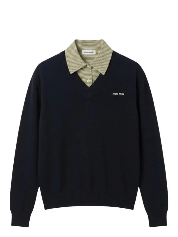 Miu Miu V-neck Sweater With Collared Underlayer - Navy Blue