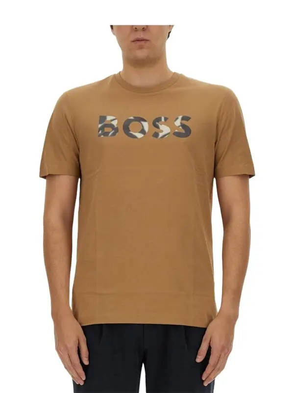 Hugo Boss Logo Printed Crewneck T-shirt - Brown