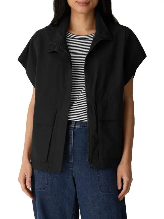 Eileen Fisher High Collar Zip-up Vest - Black