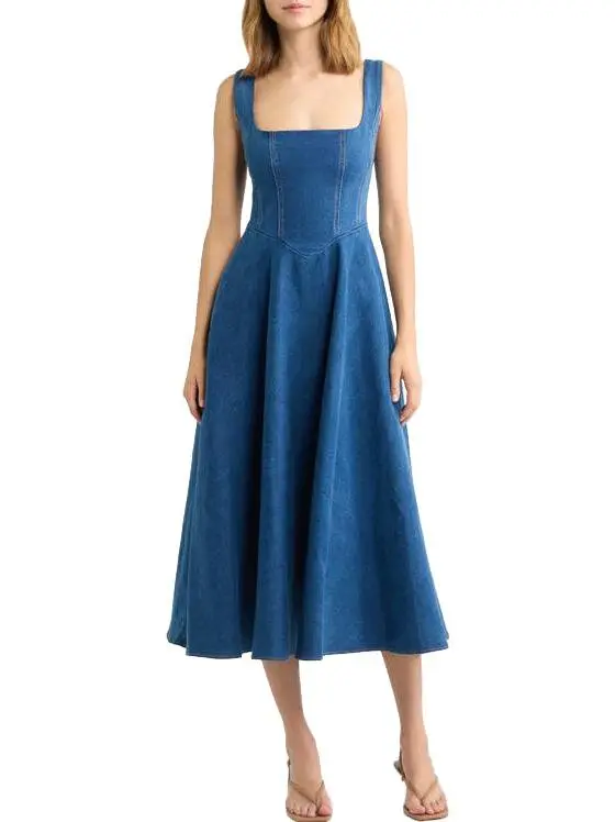 Oddmuse Square Neck Denim Midi Dress - Light Blue