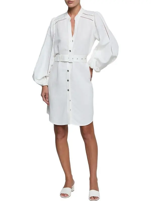 L'Agence Belted Long Sleeve Linen Dress - White