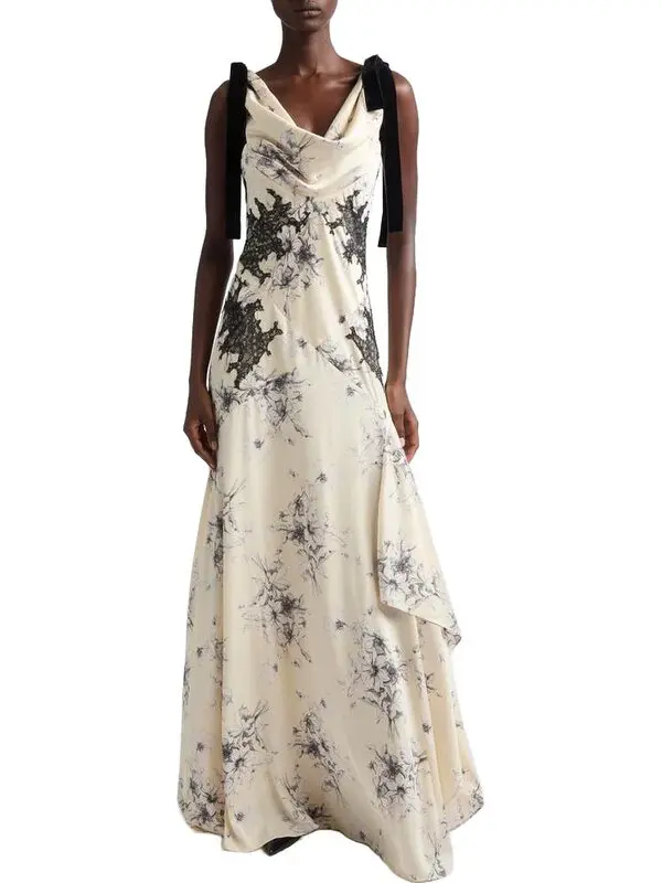 Cinq À Sept Hand-sketched Floral Lace Inset Gown - Gardenia/black